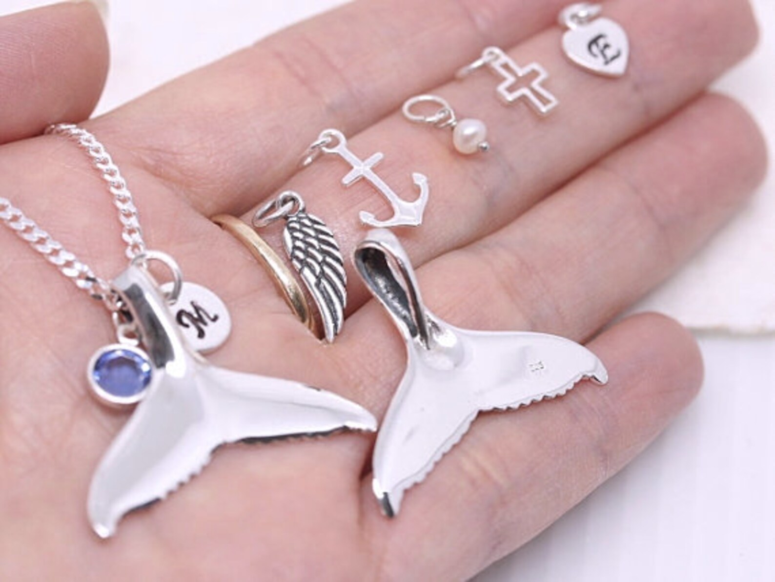 Sterling Silver Whale Tail Necklace Personalized Birthstone Etsy