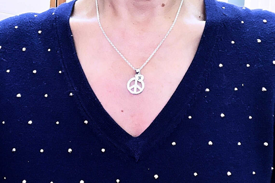 Small Peace Sign Necklace. Sterling Silver Peace With Initial - Etsy