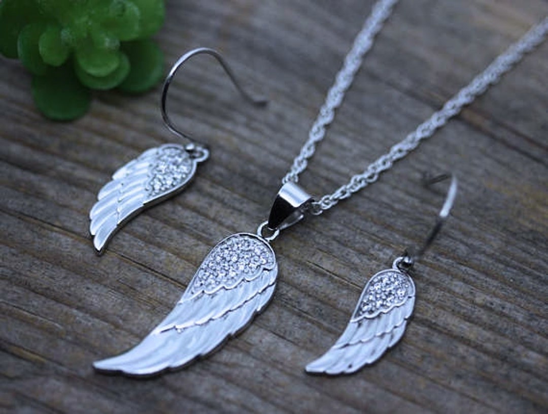 Set Sterling Silver Angel Wing Necklace and Earrings Guardian Angel ...
