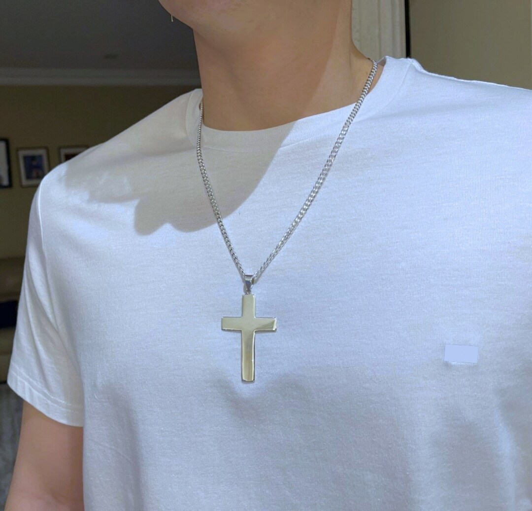 Men Cross Necklace. Sterling Silver Large Flat Silver Classic Cross for ...