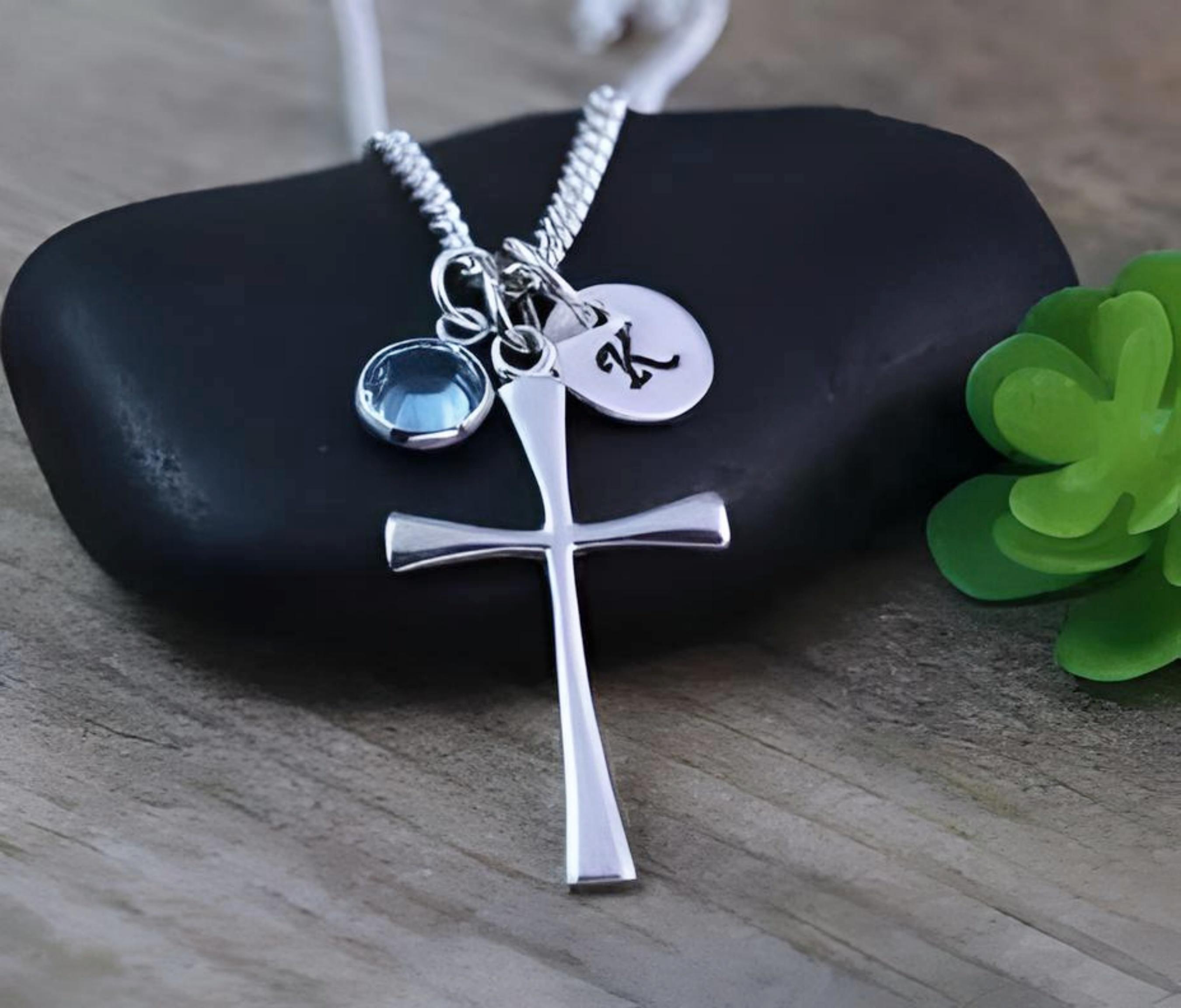 Sterling Small Cross Necklace, Personalized Choose Initial & Birthstone ...