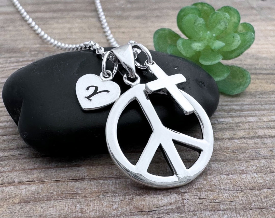 Sterling Silver Peace Sign Necklace. Personalized Initial & - Etsy