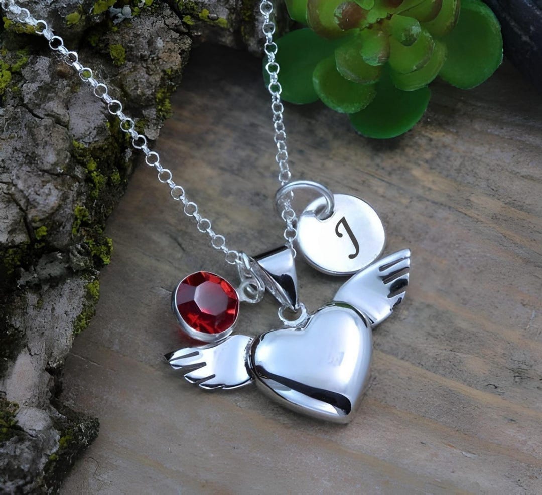 925 Sterling Silver Angel Wings Heart Personalized Initial Birthstone ...