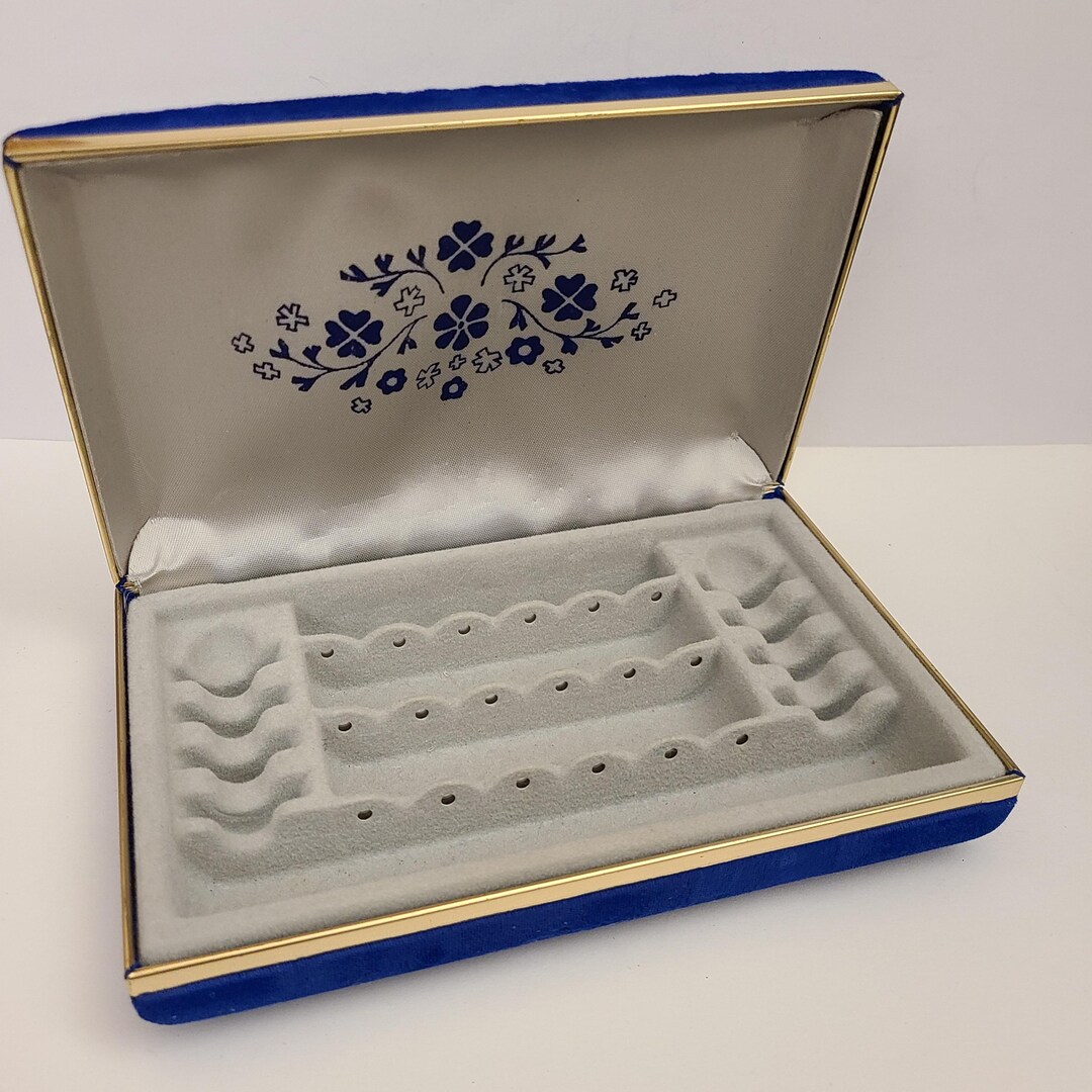 Vintage Hard Clam Shell Blue Velvet Travel Jewelry Box Traveling Case ...