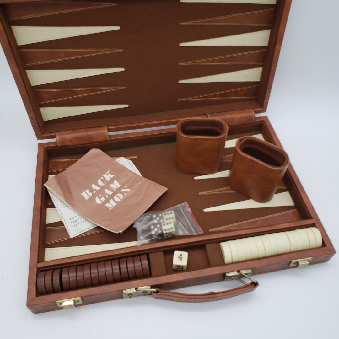 Large Backgammon Set Vintage Travel Game Brown Ivory Stripe Leatherette ...