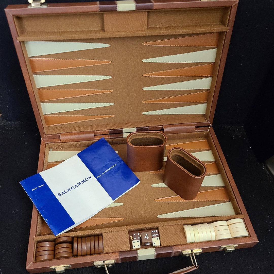 SKOR MOR Travel Backgammon Set Vintage Brown Ivory Stripe Faux Leather ...