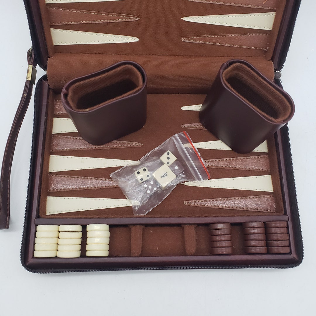 Travel Backgammon Set Vintage Game Brown Leatherette Zip Around Chips ...