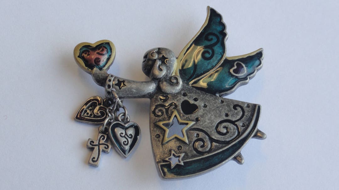 Vintage Gray & Teal Flying Angel Large Brooch With Hearts, Stars, and ...
