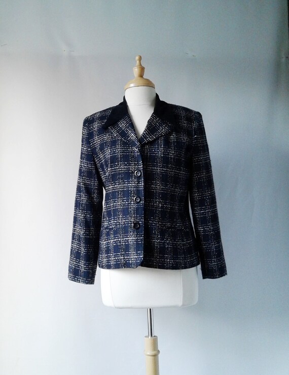 Black Window Pane Wool Blend Jacket with Velvet Collar by | Etsy