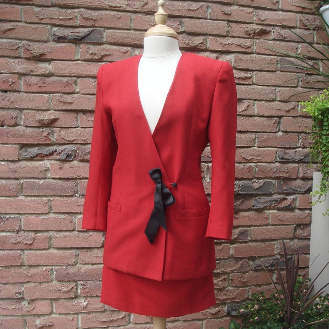 Two Piece Suit, Crimson Red Wool Crepe Suit With Black Tie Front ...