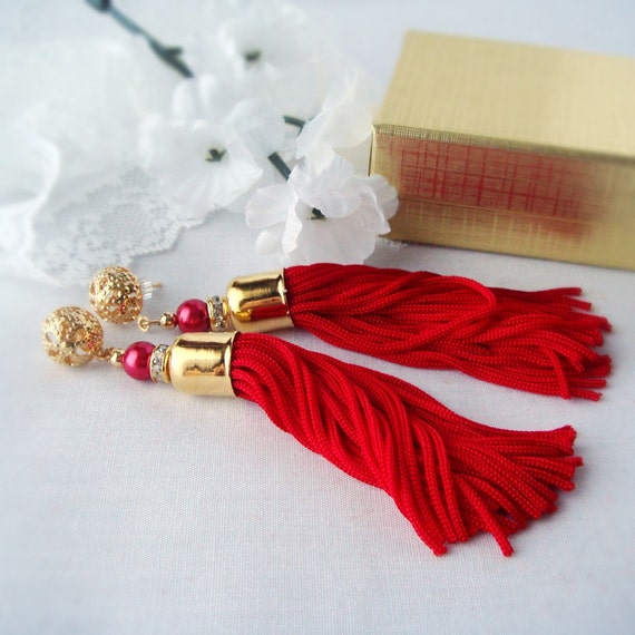 Large Red Tassel Earrings Red Tassels with Gold Plated Bead | Etsy