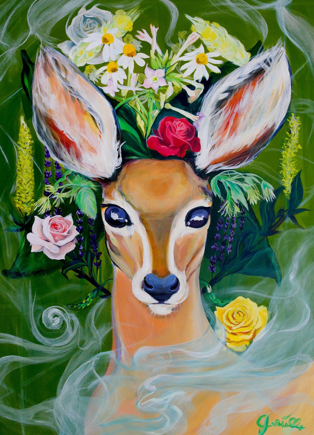 Doe on Green Background Surrounded by Mist and Flowers, “fragrant ...