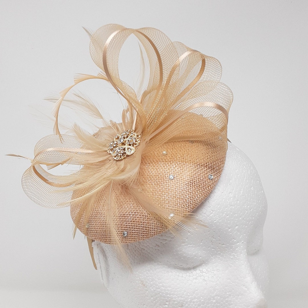 Champagne Button Percher Style Fasinator With Gold Brooch on a Clip ...