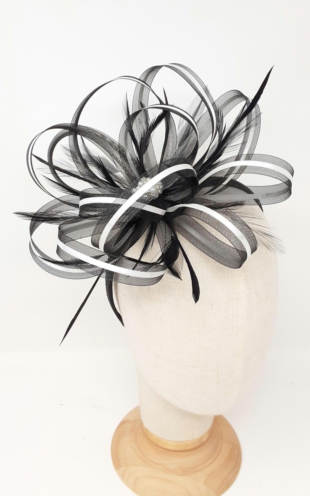 Black Feather Fascinator: Ivory Ribbon, Diamante Bead Cluster - Etsy