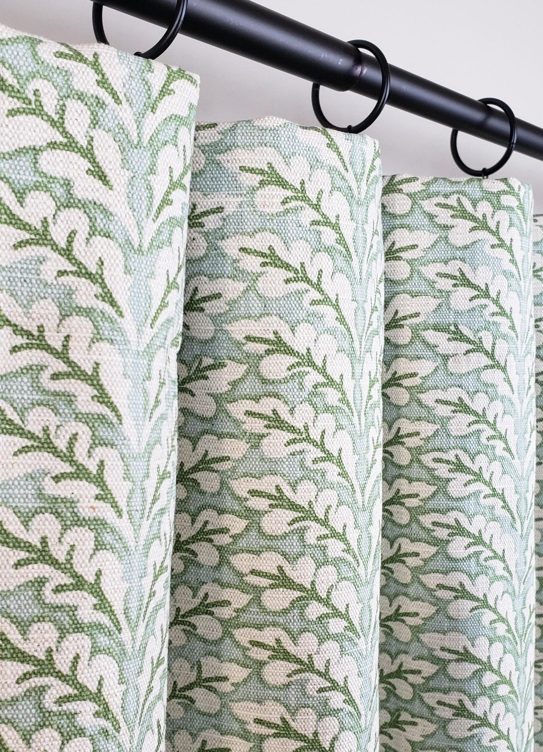 Pair Rod Pocket Top Curtains in Spencer Tendril Green Snowy on Natural ...