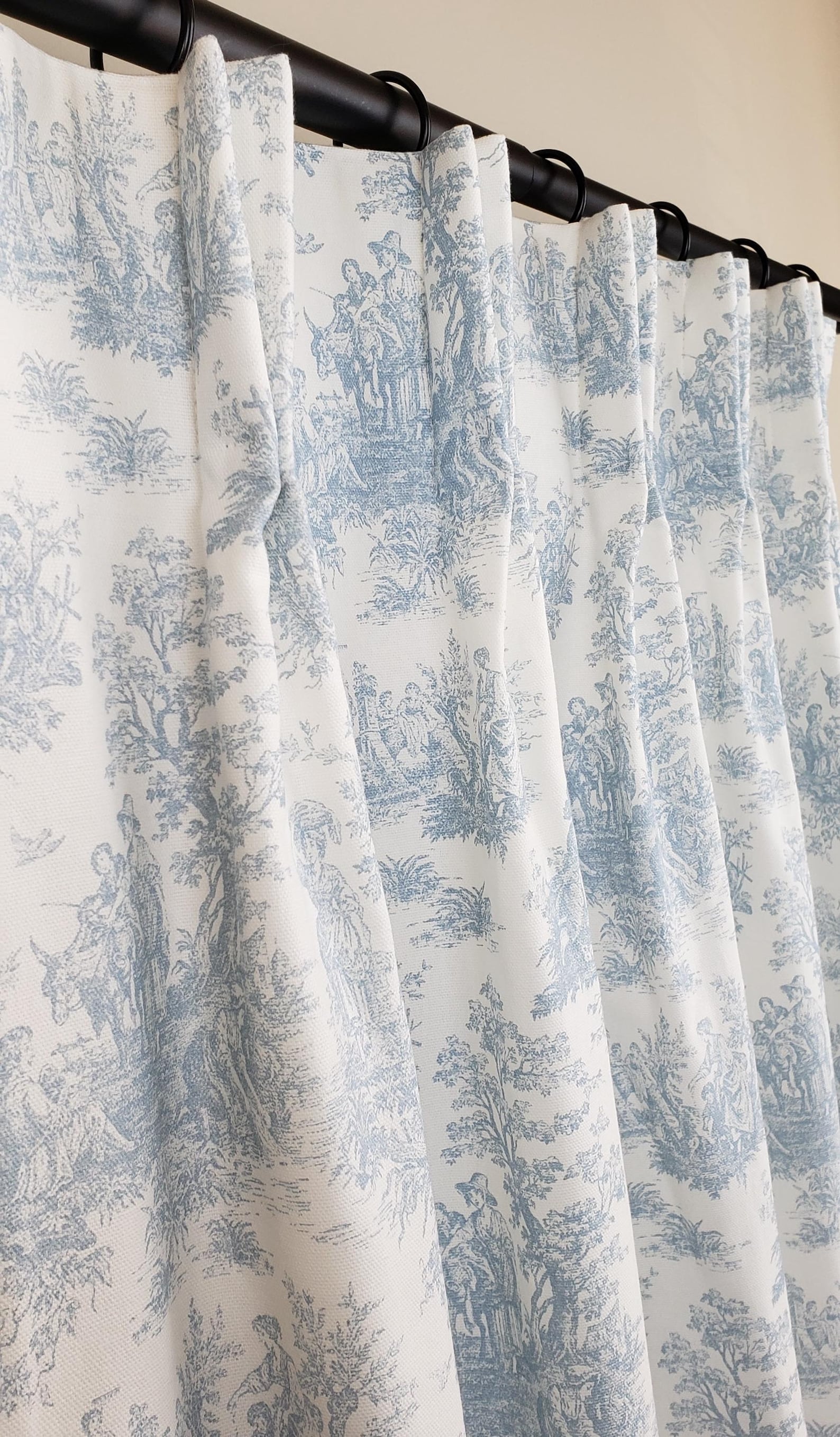 Pair Pinch Pleat in Weathered Blue and White Toile Jamestown Curtains ...