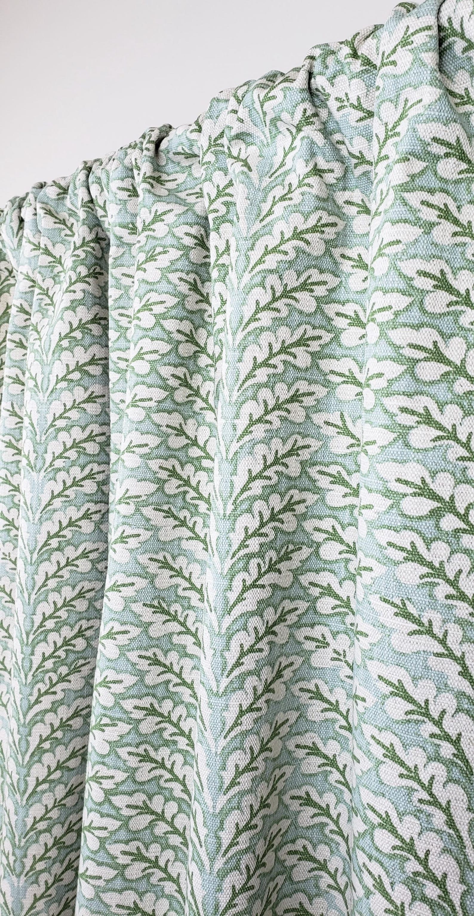 Pair Rod Pocket Top Curtains in Spencer Tendril Green Snowy on Natural ...