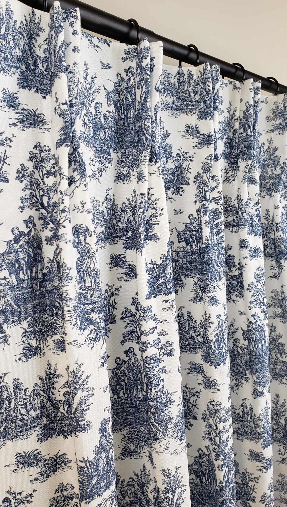 Pair Pinch Pleat in Navy Blue and White Toile Jamestown Curtains ...