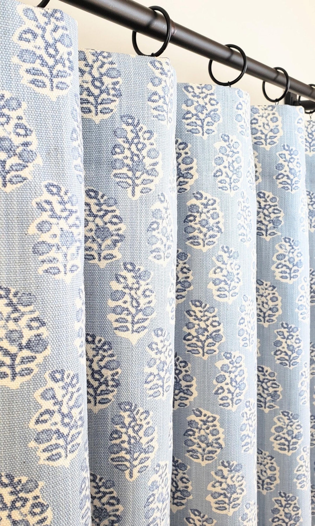 Pair Rod Pocket Top Curtains in Perry Stonewash Blue on Natural Heavy ...