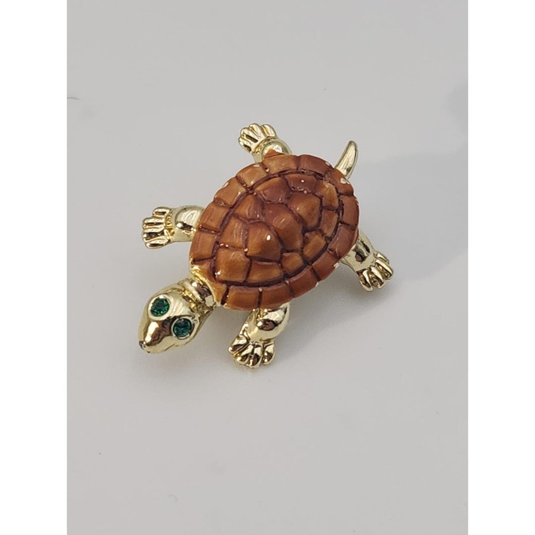 Vintage Mini Gold Tone Enamel TURTLE TORTOISE Rhinestone Eyes Brooch ...