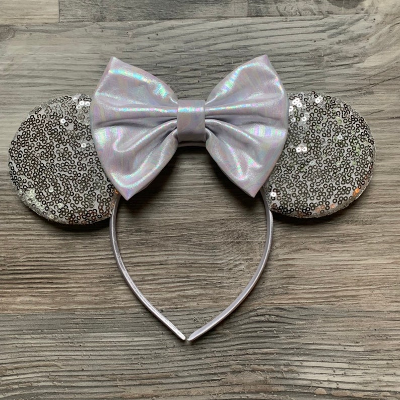 Silver Minnie Ears With White Holographic Bow, Silver Mickey Ears ...