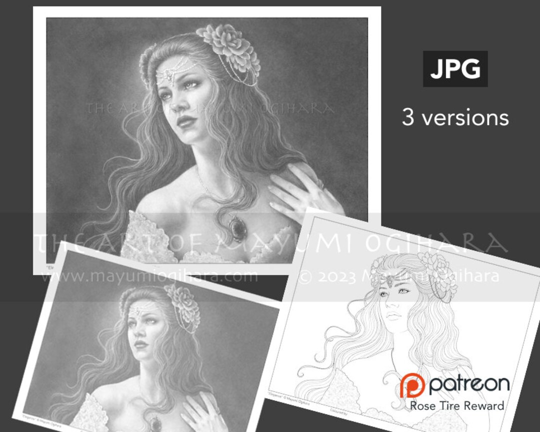 Elegance VARIATION PACK by Mayumi Ogihara, Set of 3, Greyscale, Line Art, Pdf, Fantasy Portrait ...