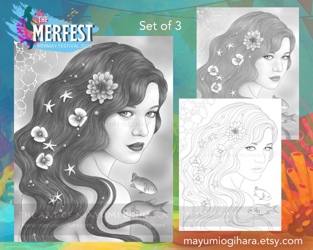 Sea Maiden Line Art: Fantasy Portrait Coloring Page (set of 3, JPG) - Etsy