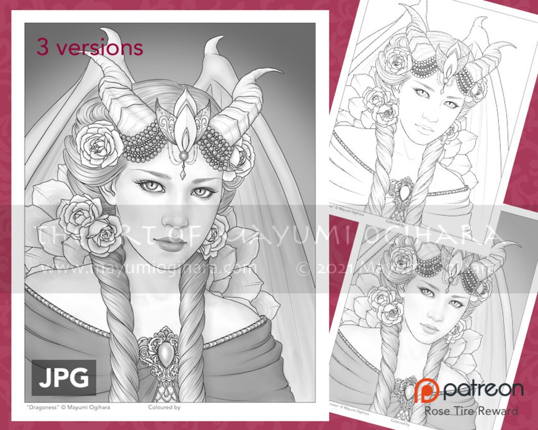 Dragoness - VARIATION PACK - by Mayumi Ogihara, Set of 3, Greyscale, Line Art, Pdf, Fantasy ...