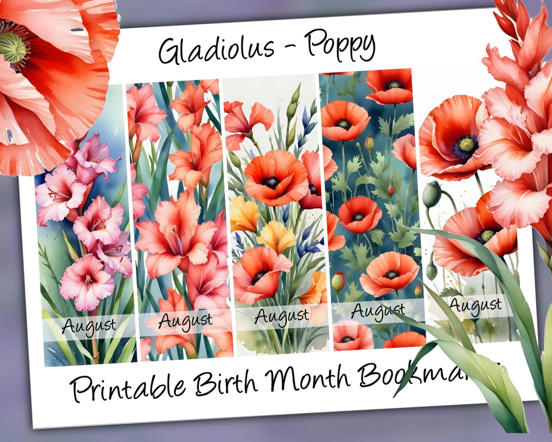 AUGUST Printable Birth Month Flowers Bookmark Set Png Pdf Digital ...