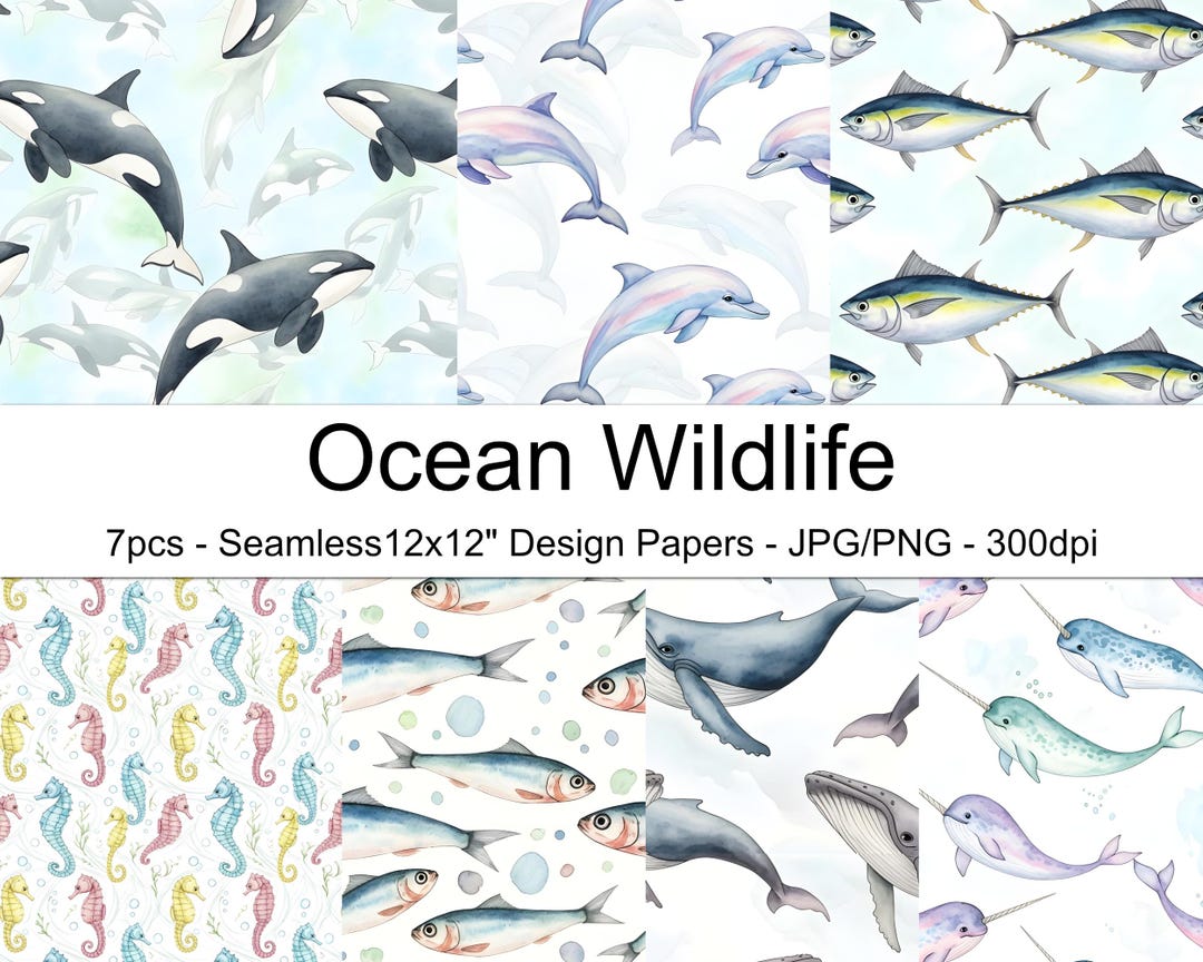 Ocean Animals Digital Paper: Seamless Marine Life Tiles (12x12" JPG PNG ...