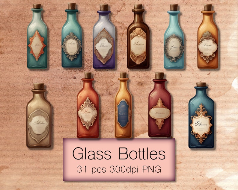 Vintage Bottle Clip Art Pack - 31 PNG Graphics for Junk Journals ...