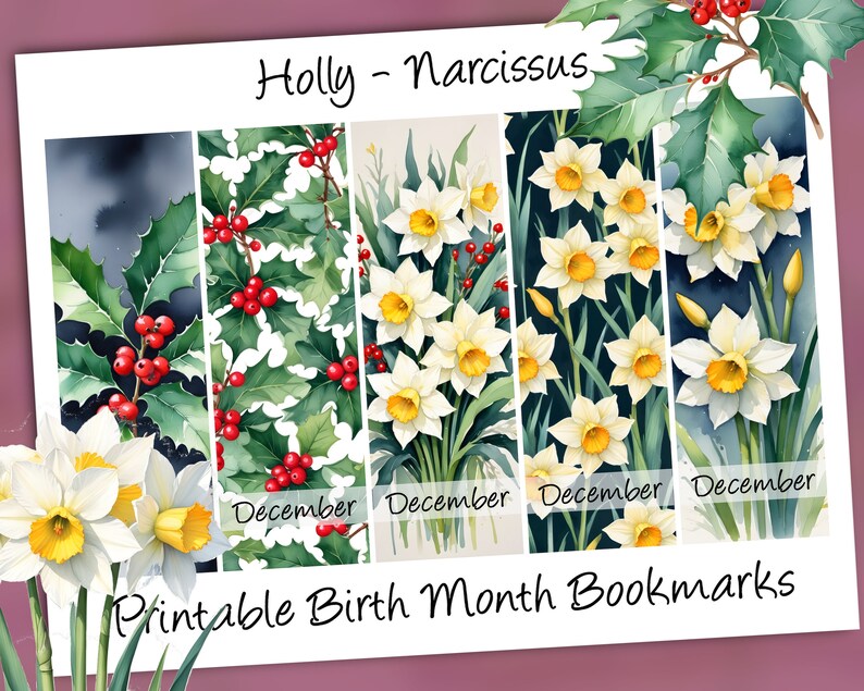 DECEMBER Printable Birth Flower Floral Bookmark Set - Png Pdf Digital ...