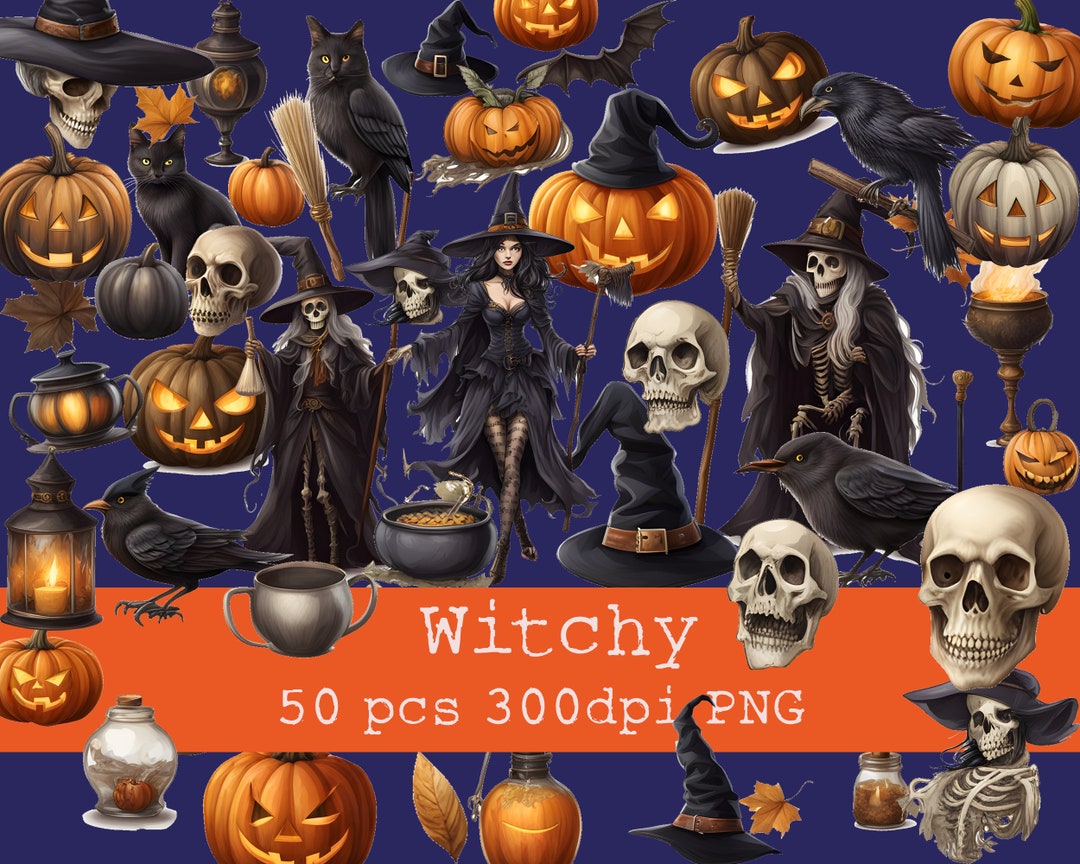 Witchy Clip Art Pack - 50 Spooky Witchy PNG Bundle Graphics for Junk ...