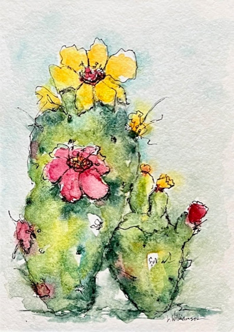 Original Watercolor and Ink 5x7 Painting Cactus Flowers, Home and ...