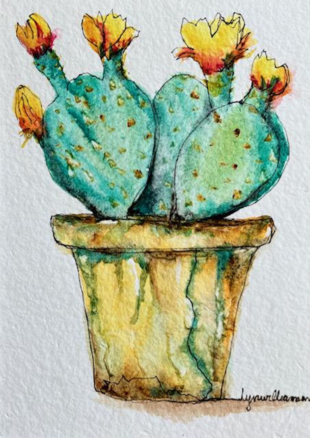 Cactus Watercolor Painting 5x7, One-line-drawing, Succulent, Wall ...