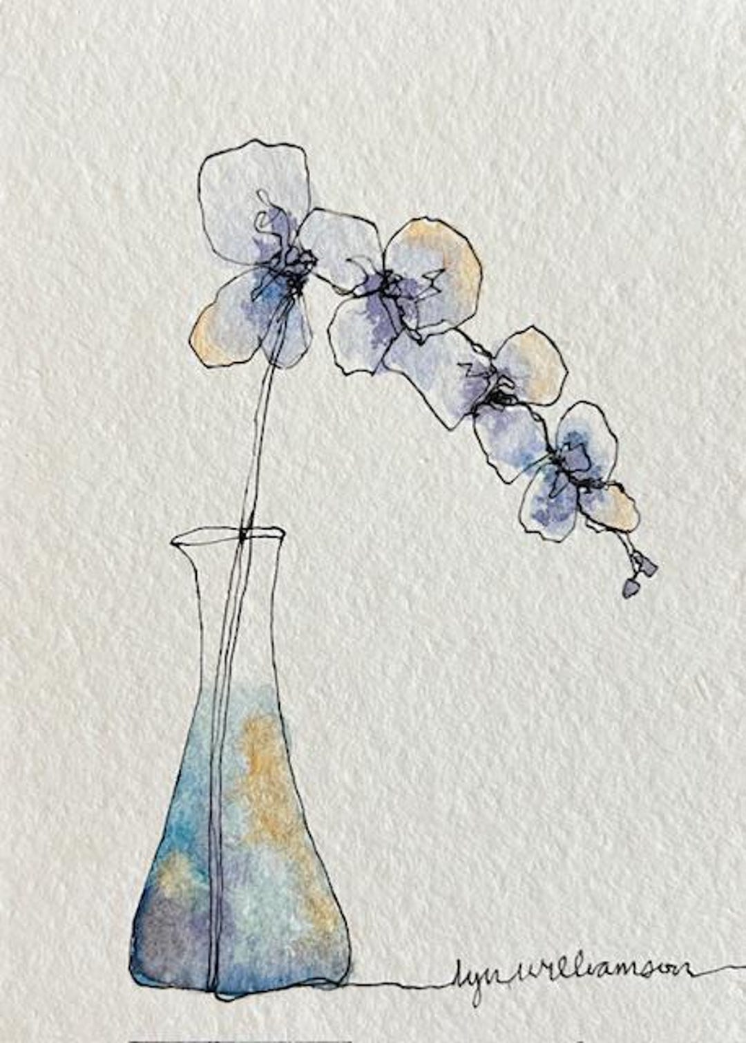 Original Orchid Watercolor Painting, One Line Ink Drawing, 5x7 Mini Art ...