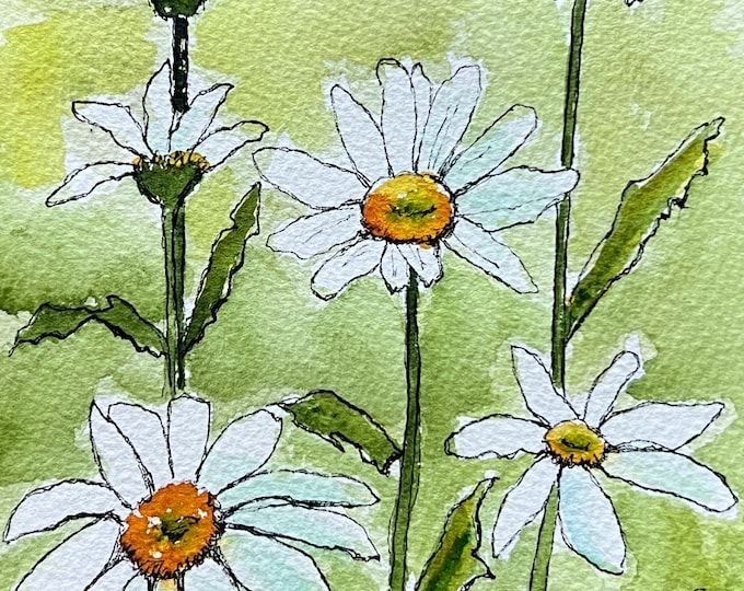 Original Watercolor and Ink Flower Painting 5x7, Blooming Daisies, Wall ...