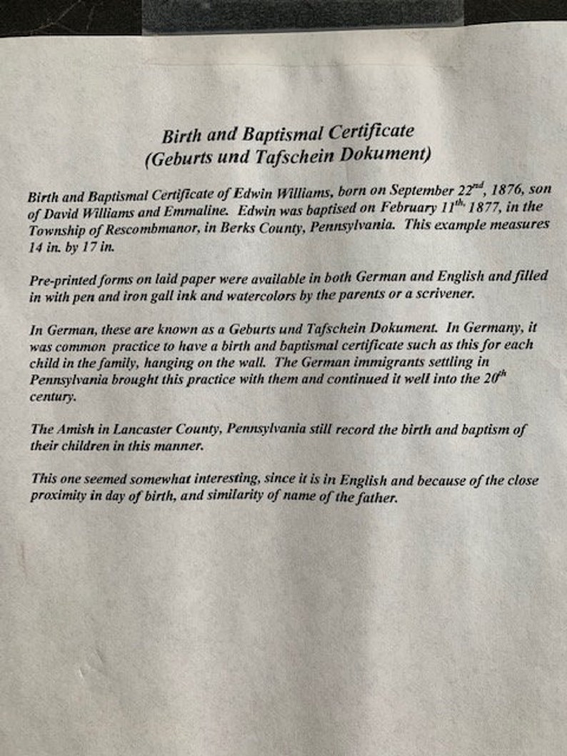 Antique Certificate of Birth and Baptism, Fraktur, Folk Art, Framed ...