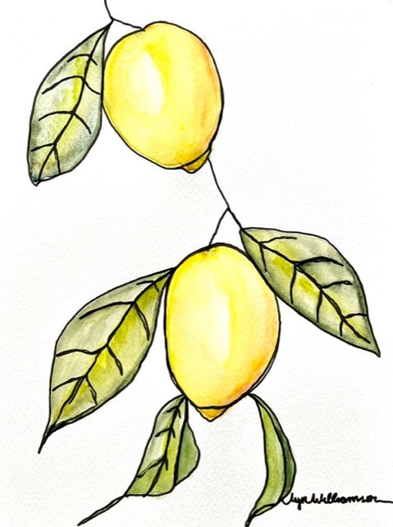 Original One-line-drawing Watercolor and Ink 9x12 Lemon Branch - Etsy