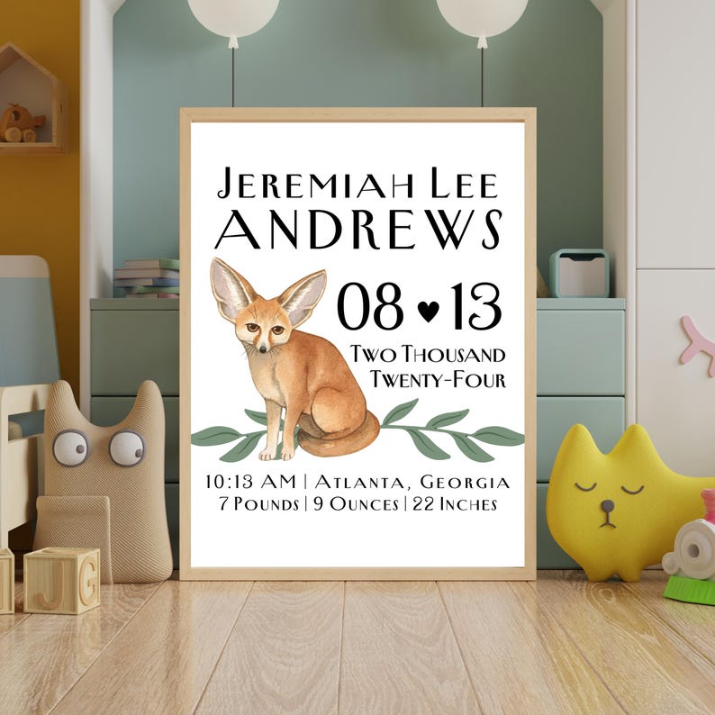 Fennec Fox Baby Birth Announcement Print: Personalized Nursery Art - Etsy