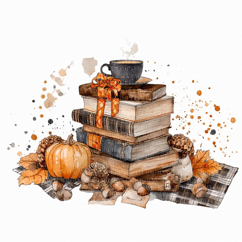 8 Autumn Book Stack Watercolor Clipart: Coffee, Pumpkin (digital ...