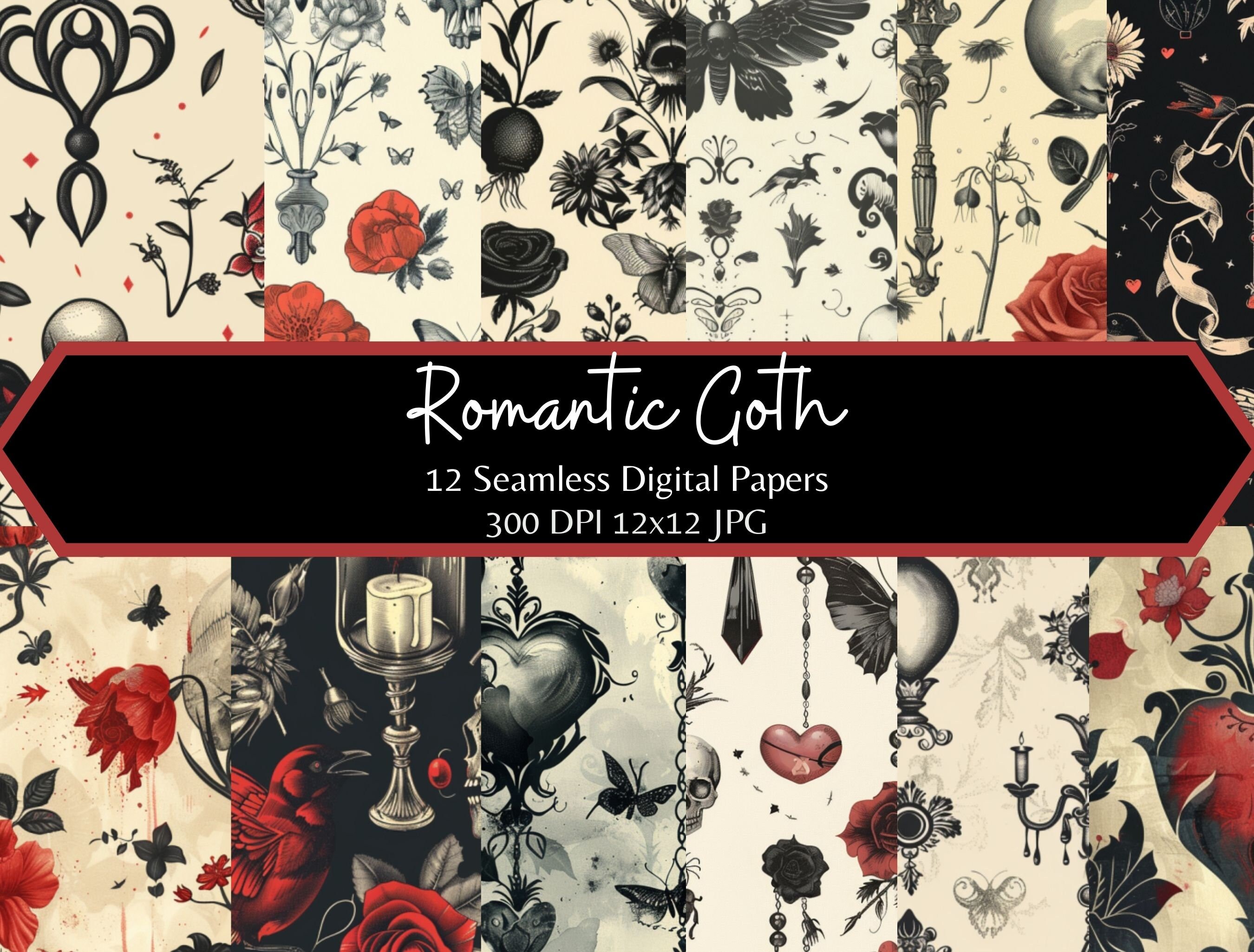 Romantic Goth Digital Paper, Gothic Digital Pattern, Seamless Scrapbook ...