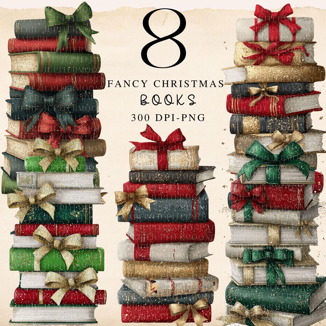 8 Christmas Book Stack Clipart: Vintage Holiday Books With Bows (PNG ...