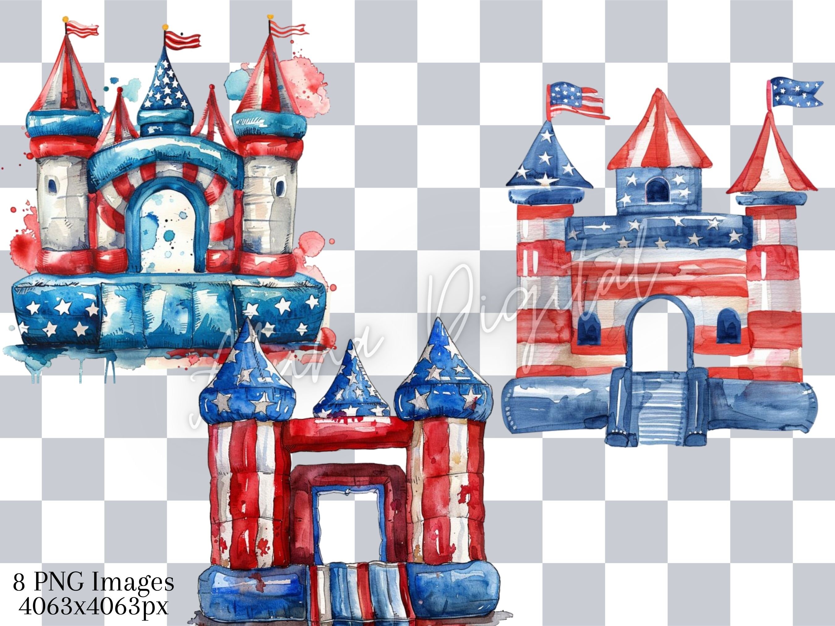 Eight Watercolor 4th of July Bounce House PNG, Bouncy House Clip Art ...