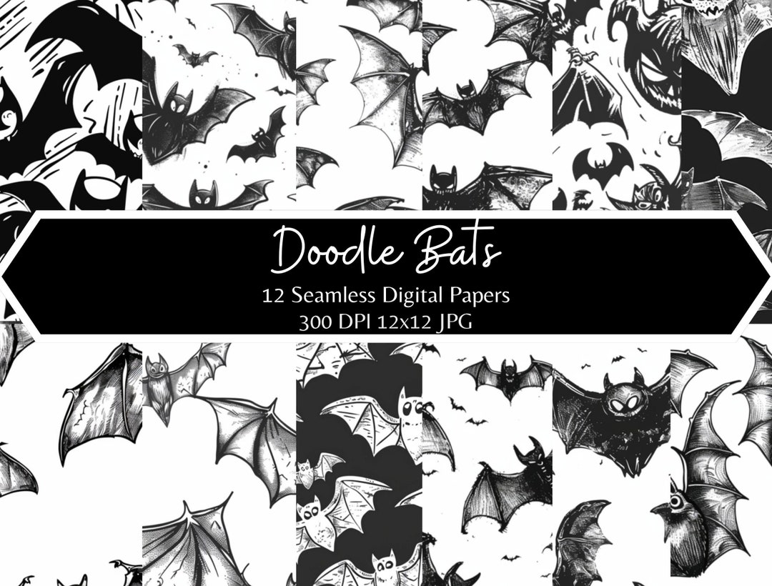 Doodle Bats Digital Papers, Halloween Bat Digital Paper, Seamless ...