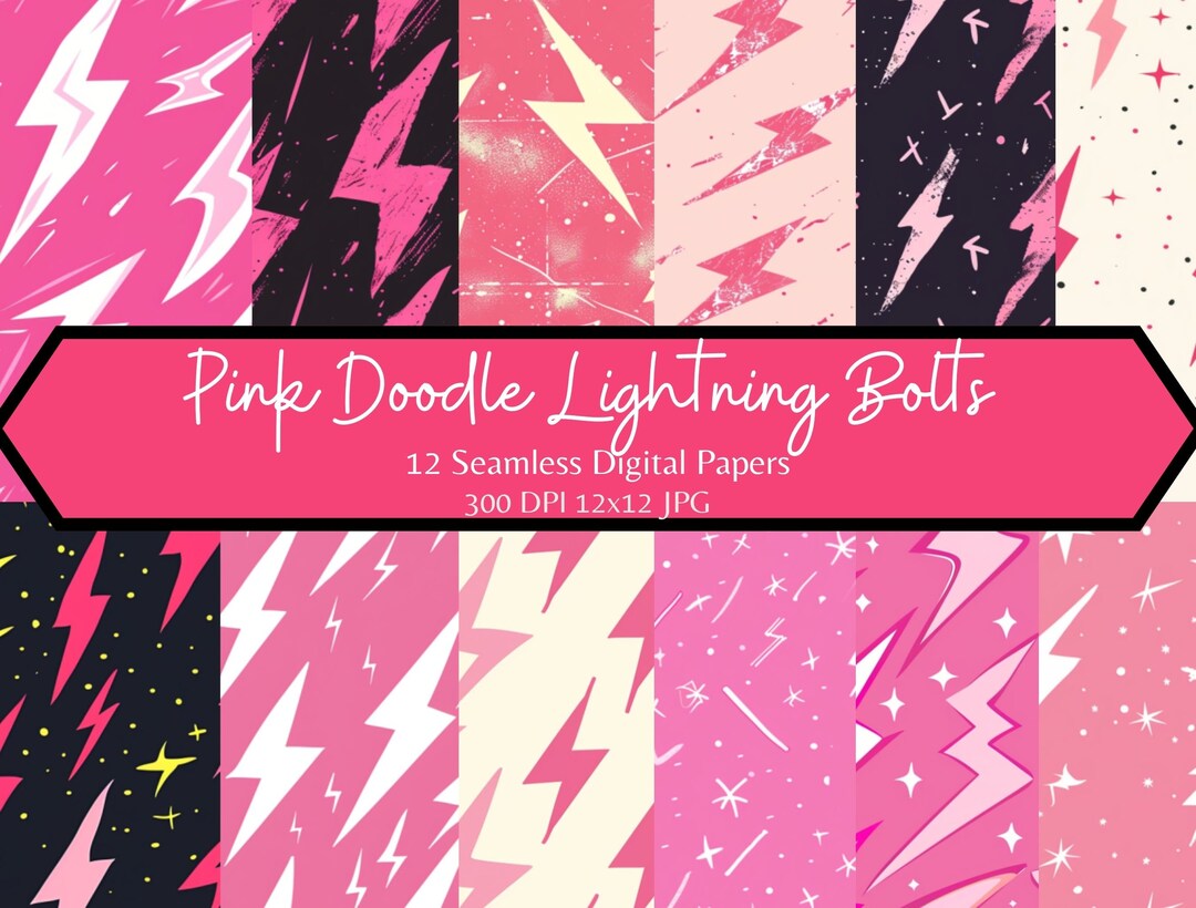 Pink Doodle Lightning Bolt Digital Papers, Lightning Digital Paper ...