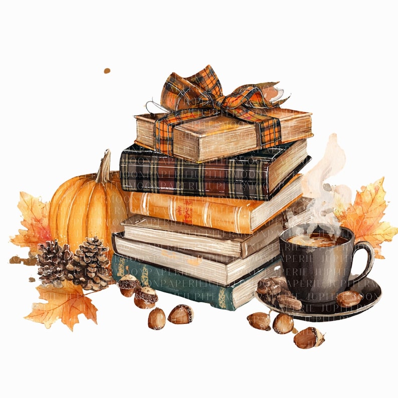 8 Autumn Book Stack Watercolor Clipart: Coffee, Pumpkin (digital ...