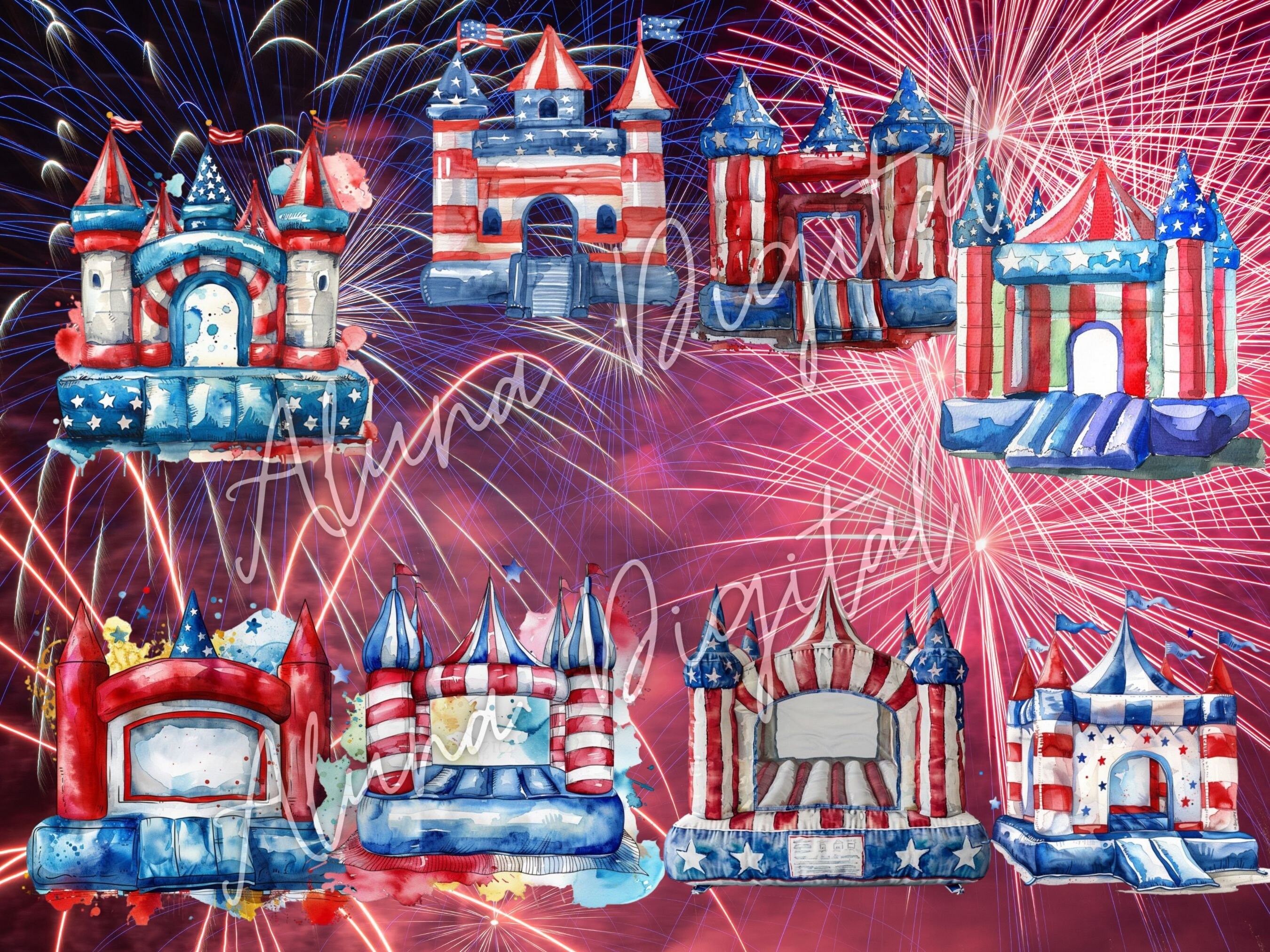 Eight Watercolor 4th of July Bounce House PNG, Bouncy House Clip Art ...