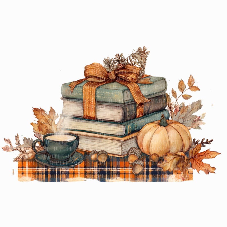 8 Autumn Book Stack Watercolor Clipart: Coffee, Pumpkin (digital ...