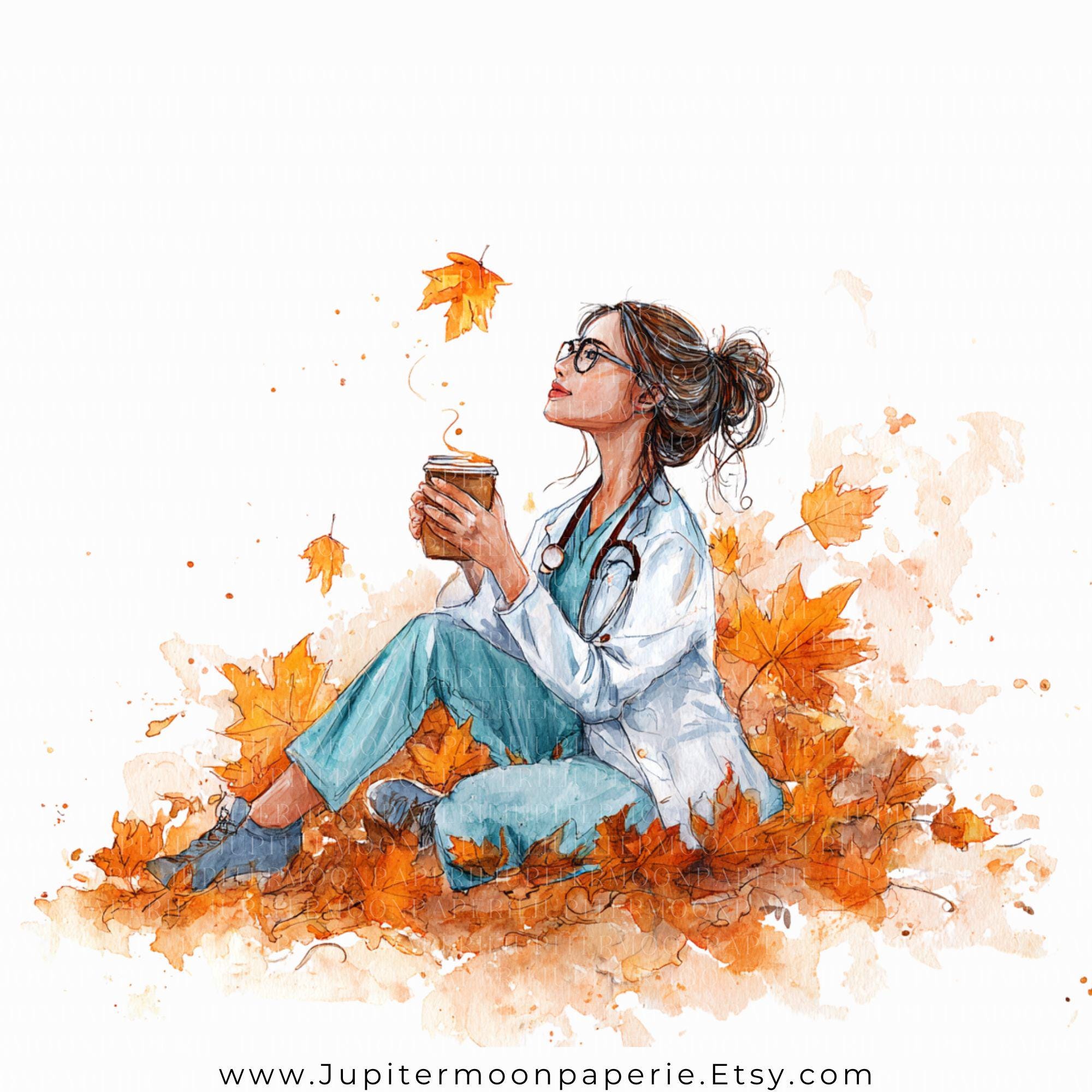 Watercolor Autumn Doctor Clipart: Fall Coffee PNG (digital Download) - Etsy